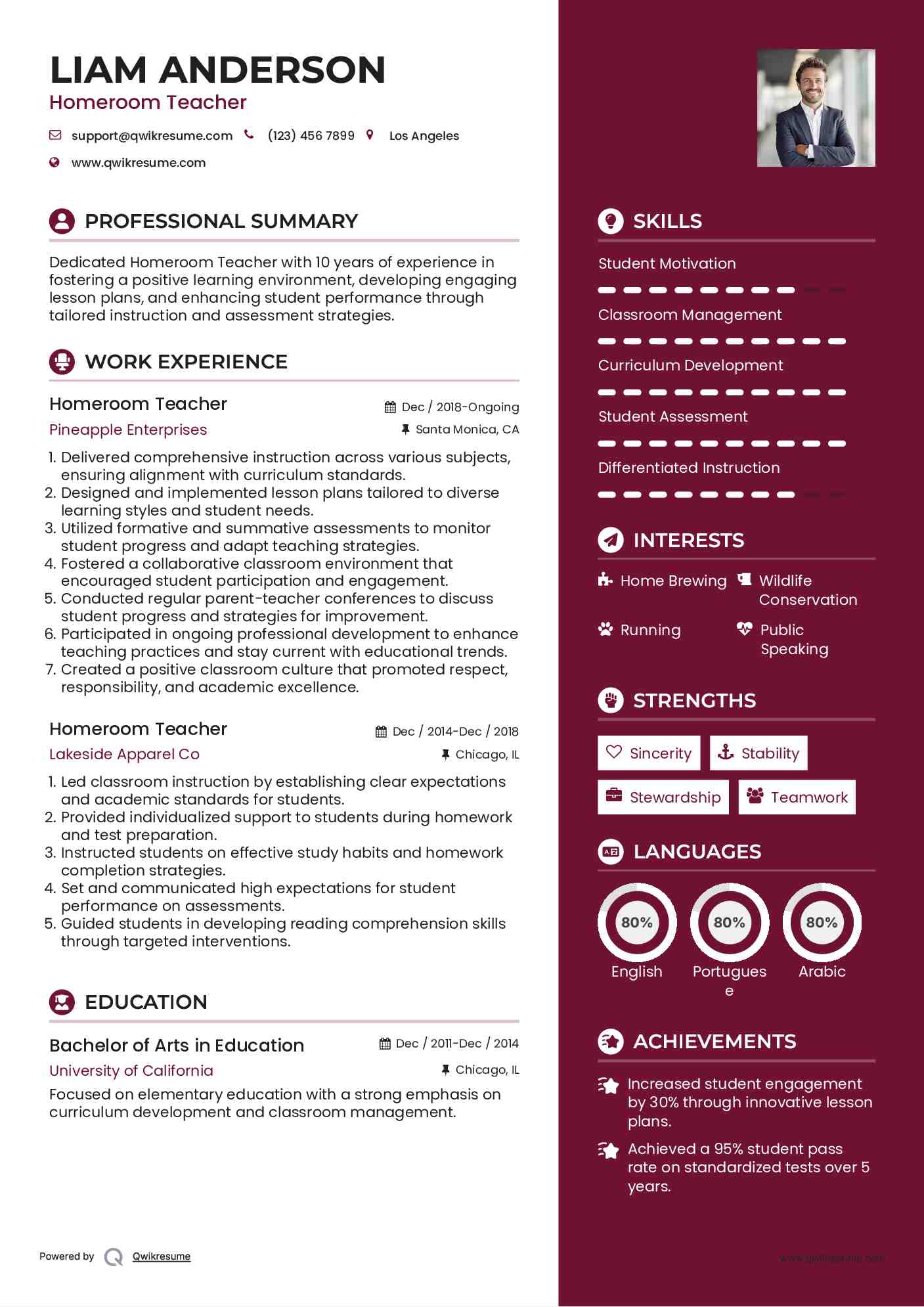 Homeroom Teacher Resume Samples QwikResume