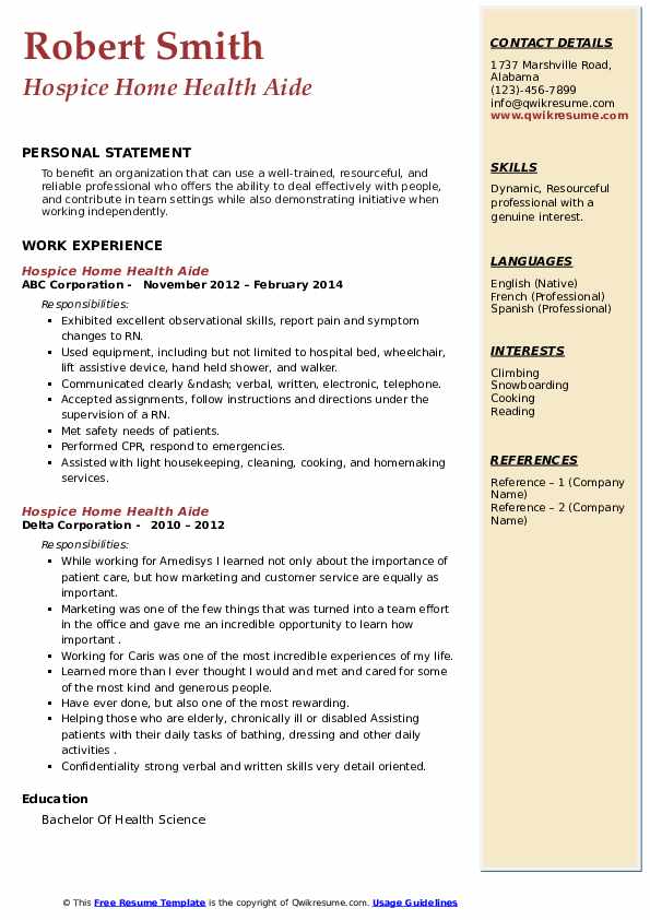 Hospice Home Health Aide Resume Samples | QwikResume
