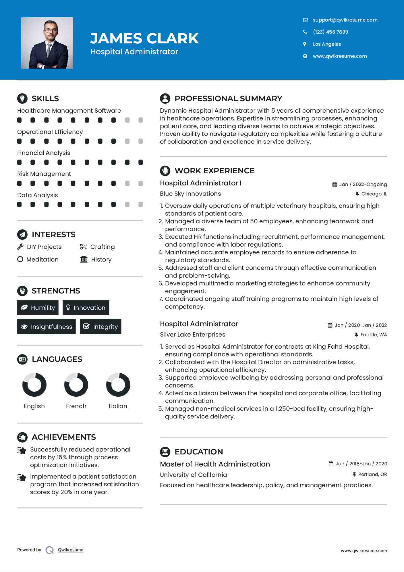 Hospital Administrator Resume Samples QwikResume