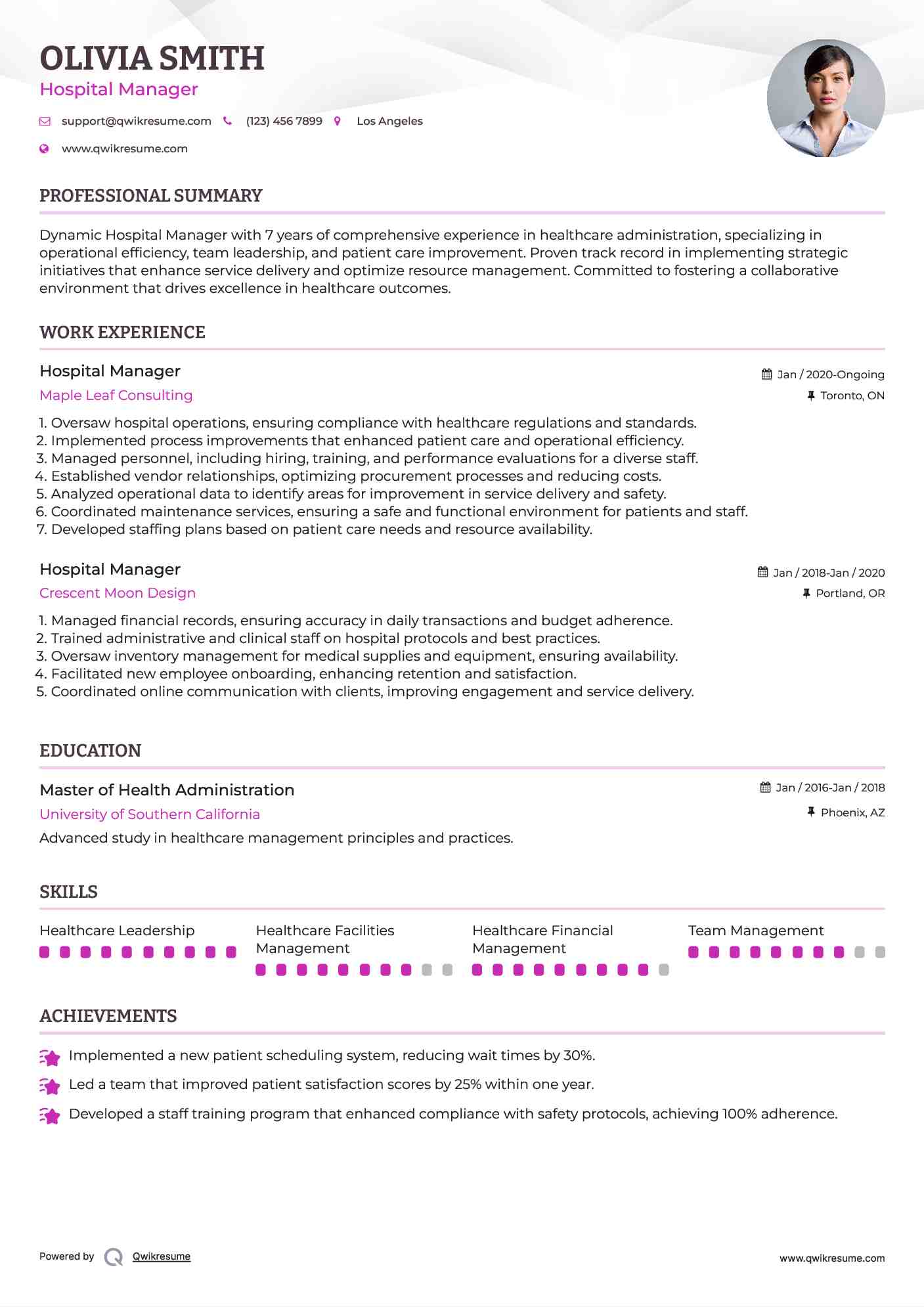 Hospital Manager Resume Samples QwikResume