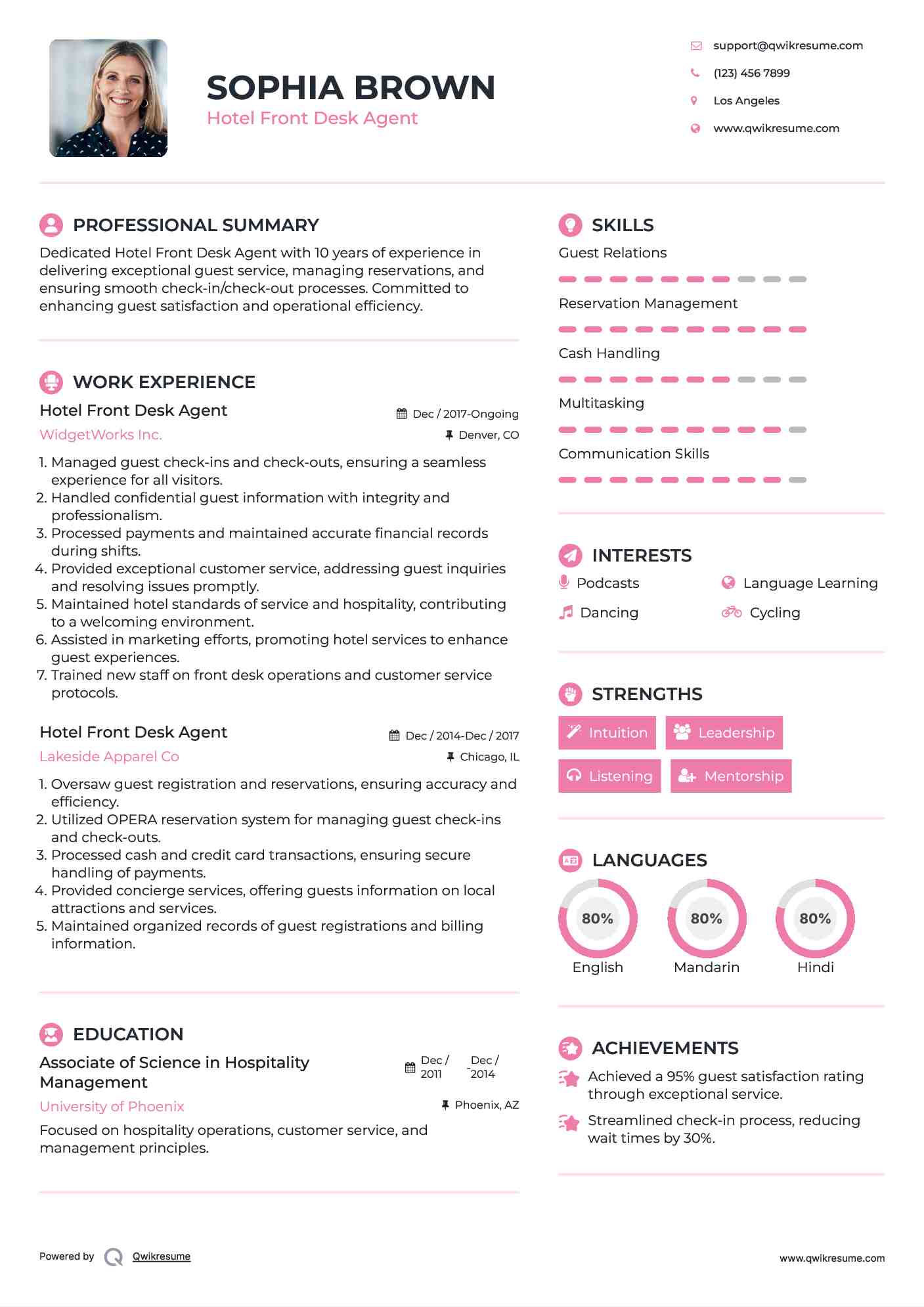 Hotel Front Desk Agent Resume Samples QwikResume