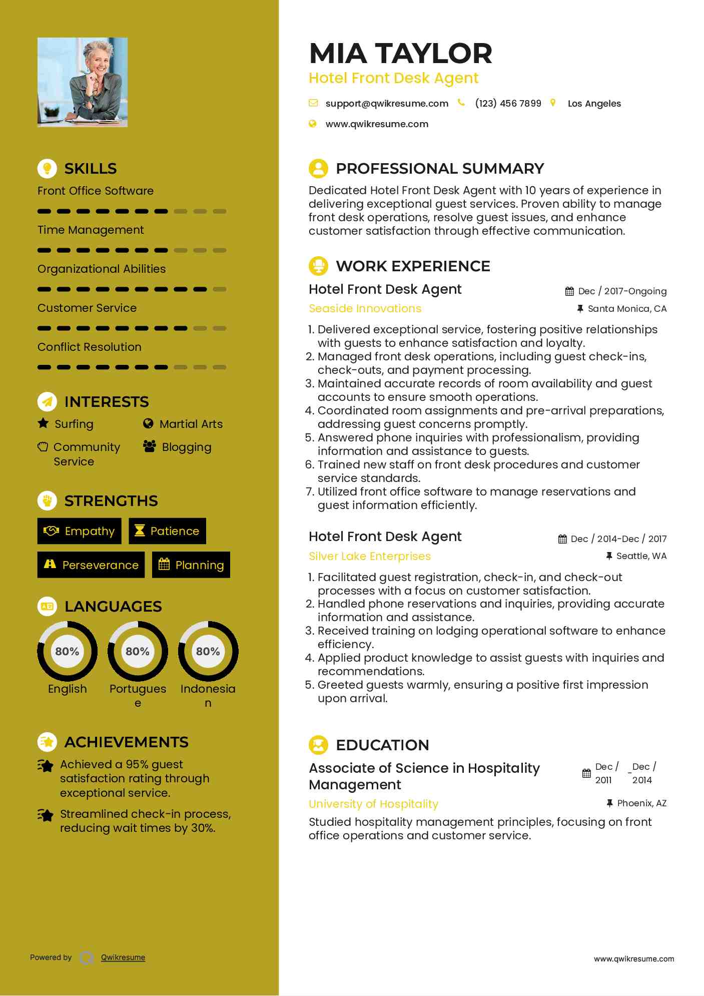 Hotel Front Desk Agent Resume Samples QwikResume