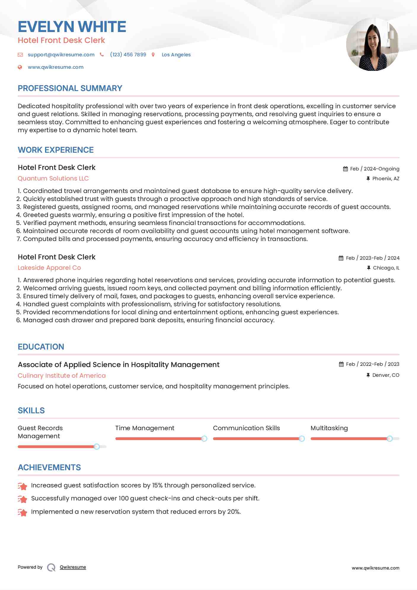 Hotel Front Desk Clerk Resume Samples QwikResume