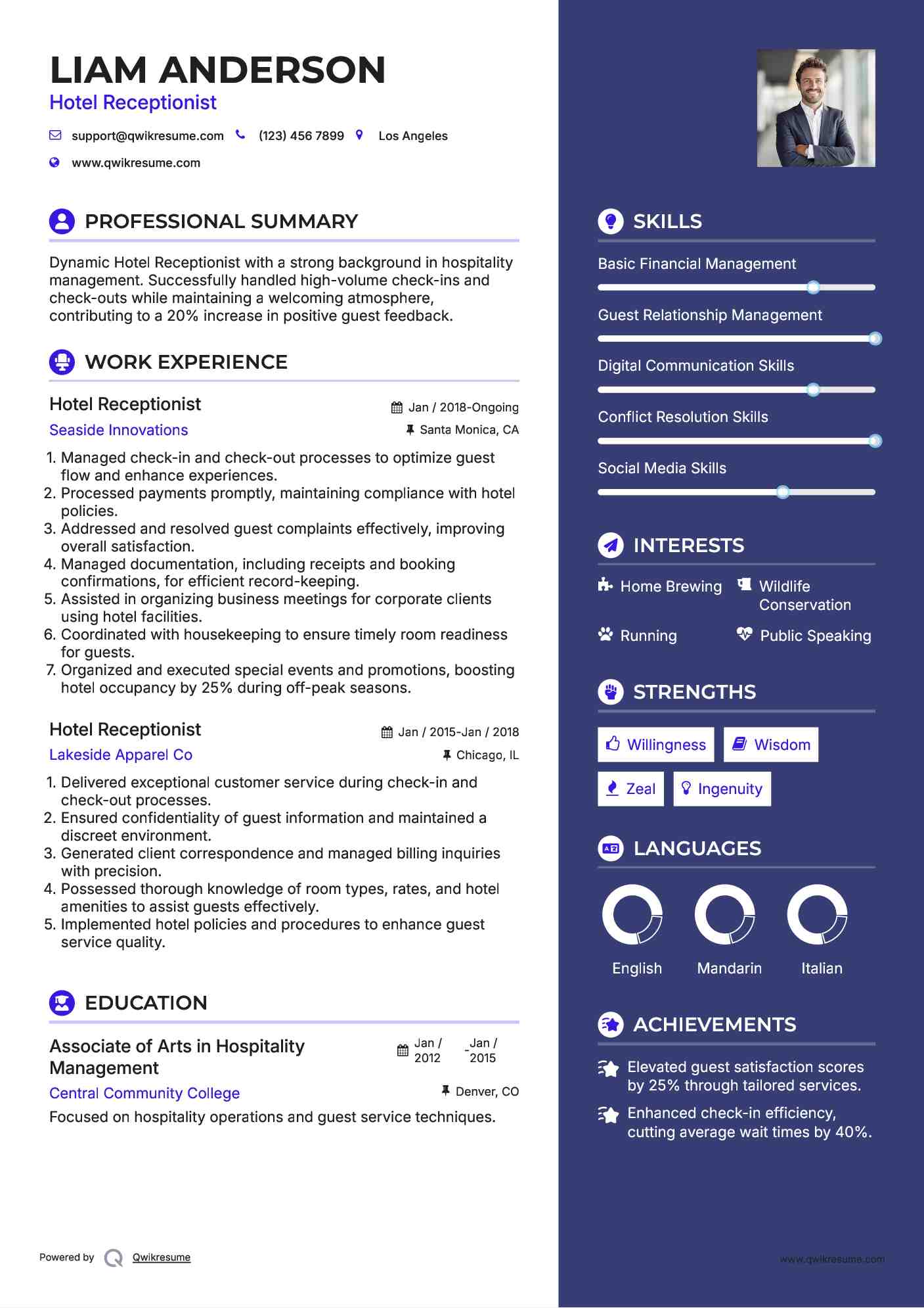 Hotel Receptionist Resume Samples QwikResume