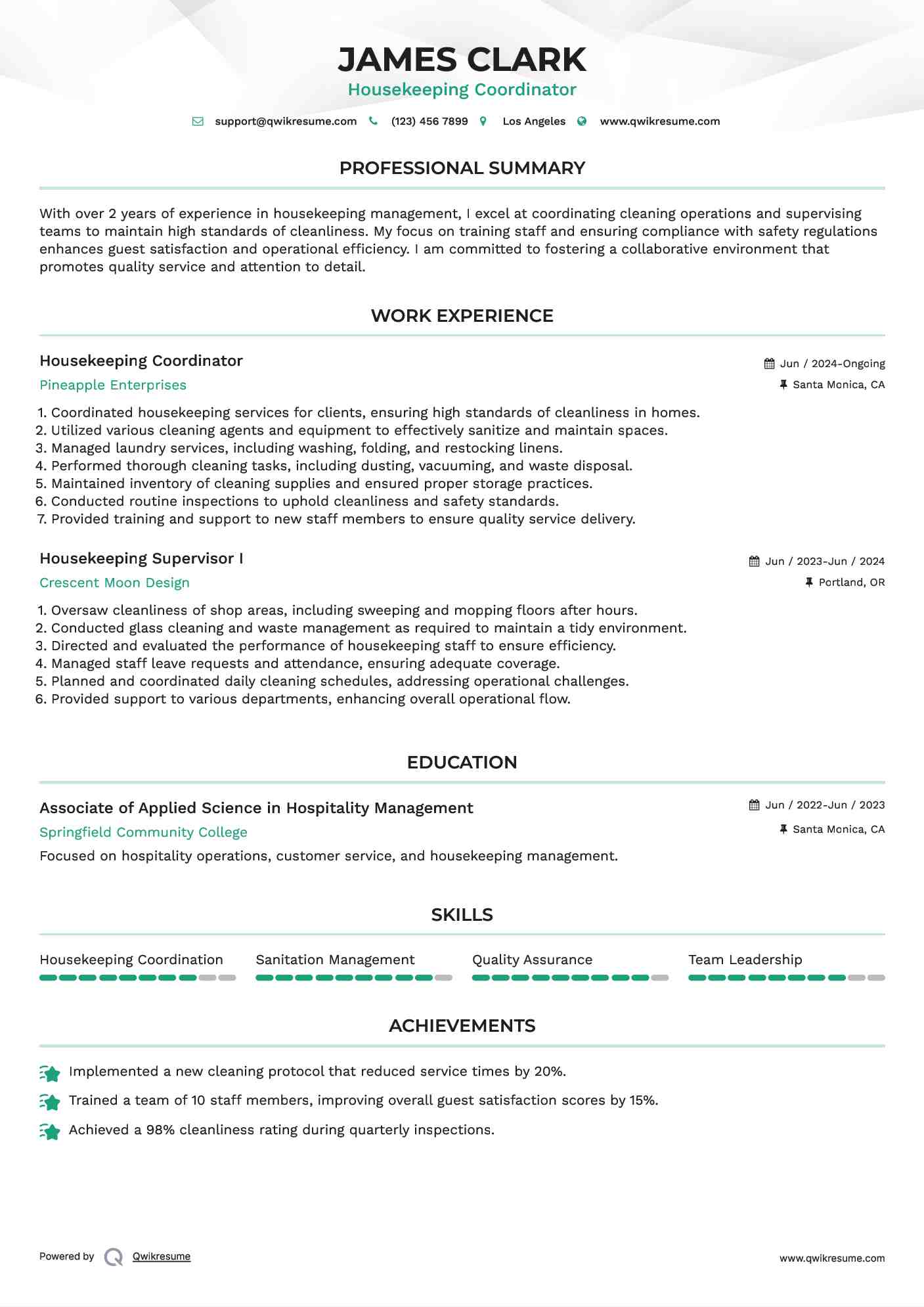 Housekeeping Supervisor Resume Samples QwikResume