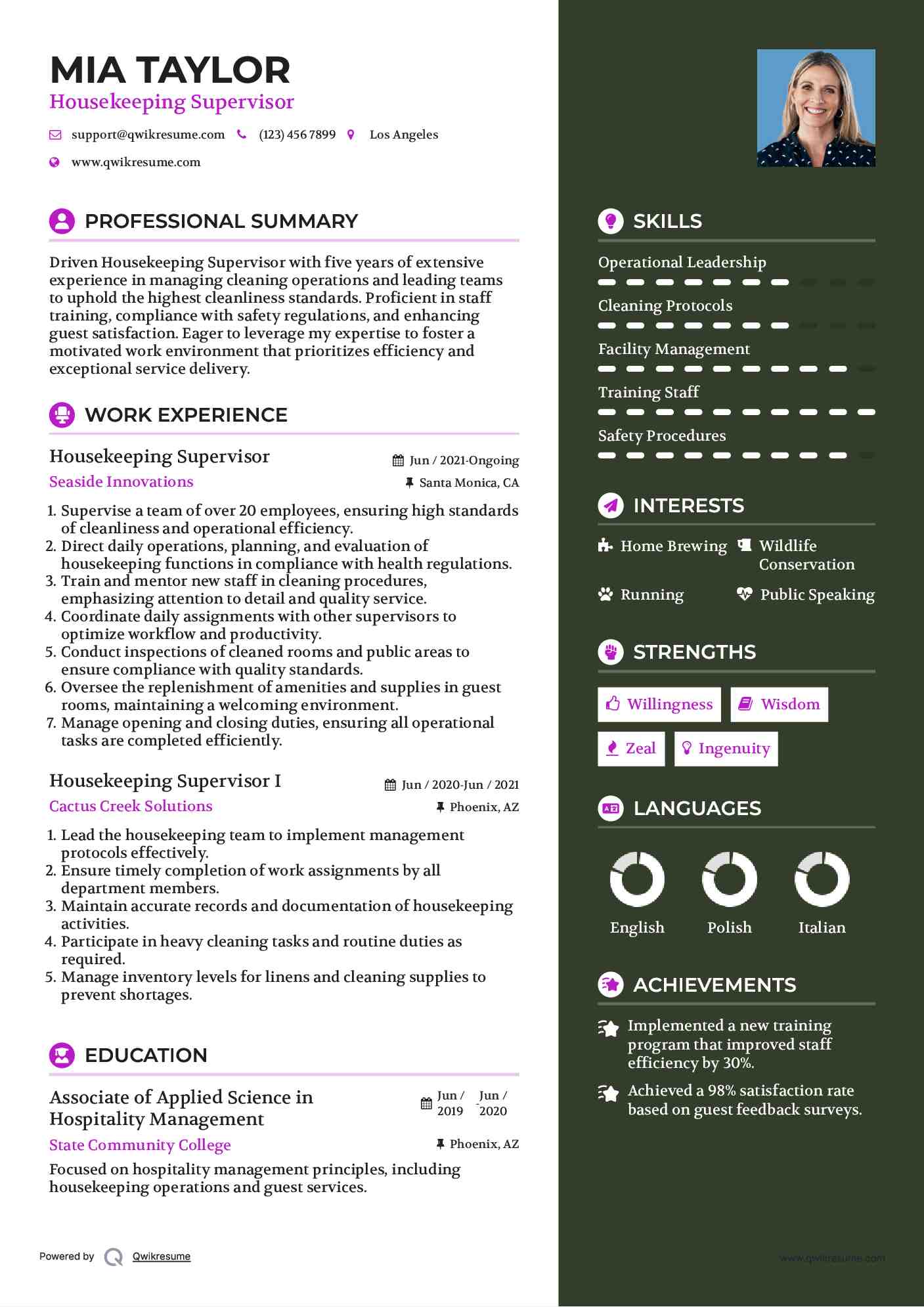 Housekeeping Supervisor Resume Samples QwikResume