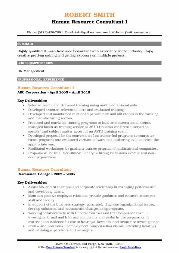 Human Resource Consultant Resume Samples | QwikResume