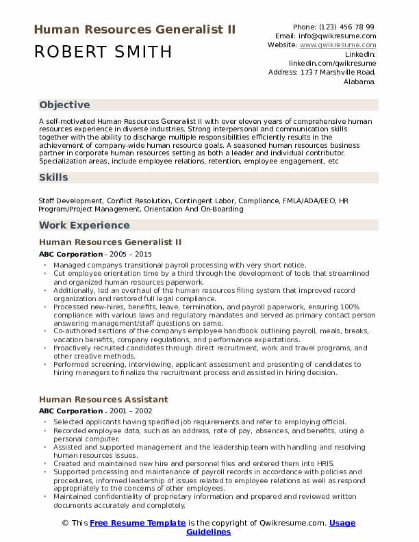 Human Resources Generalist Resume Samples QwikResume