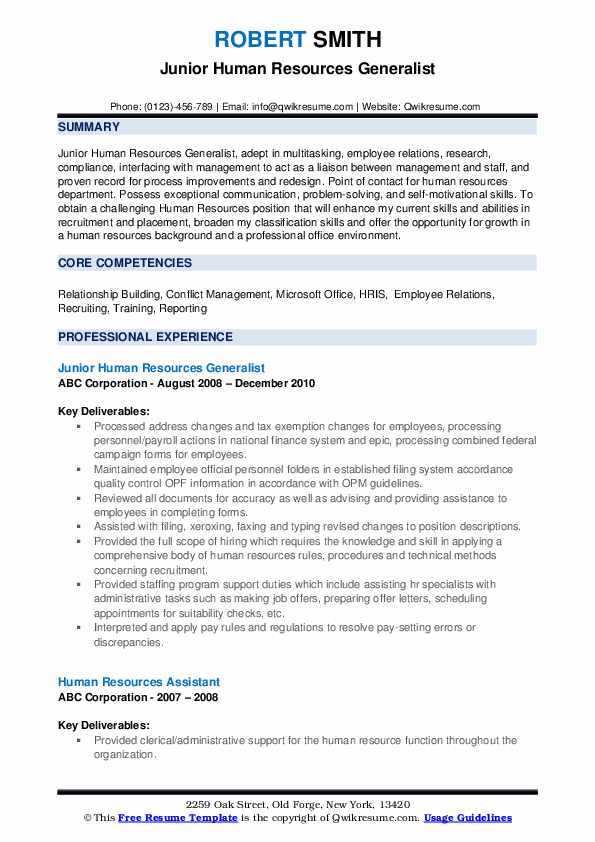 Human Resources Generalist Resume Samples QwikResume
