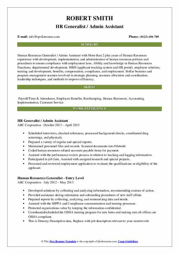 Human Resources Generalist Resume Samples QwikResume