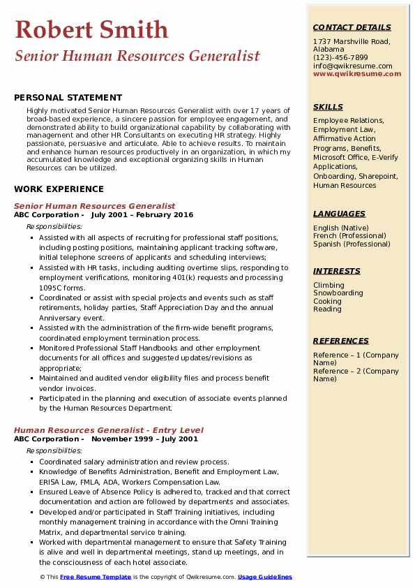 Human Resources Generalist Resume Samples QwikResume