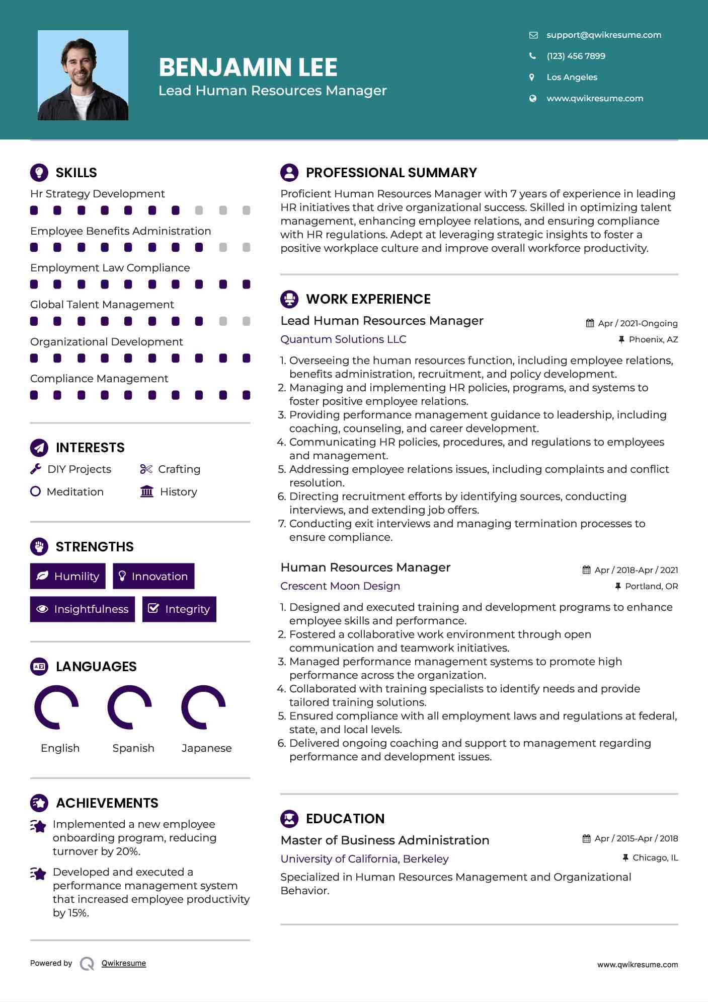 Human Resources Manager Resume Samples QwikResume