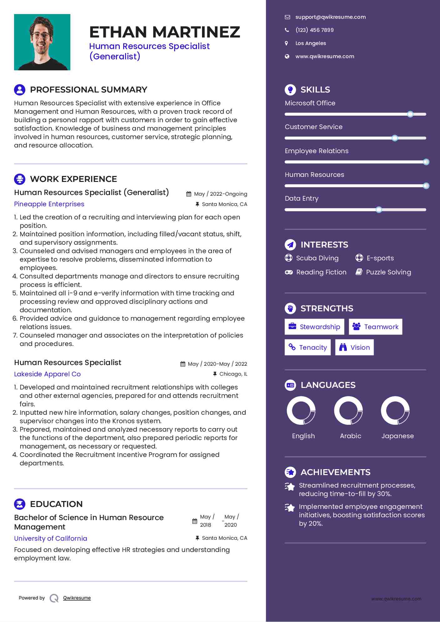 Human Resources Specialist Resume Samples QwikResume