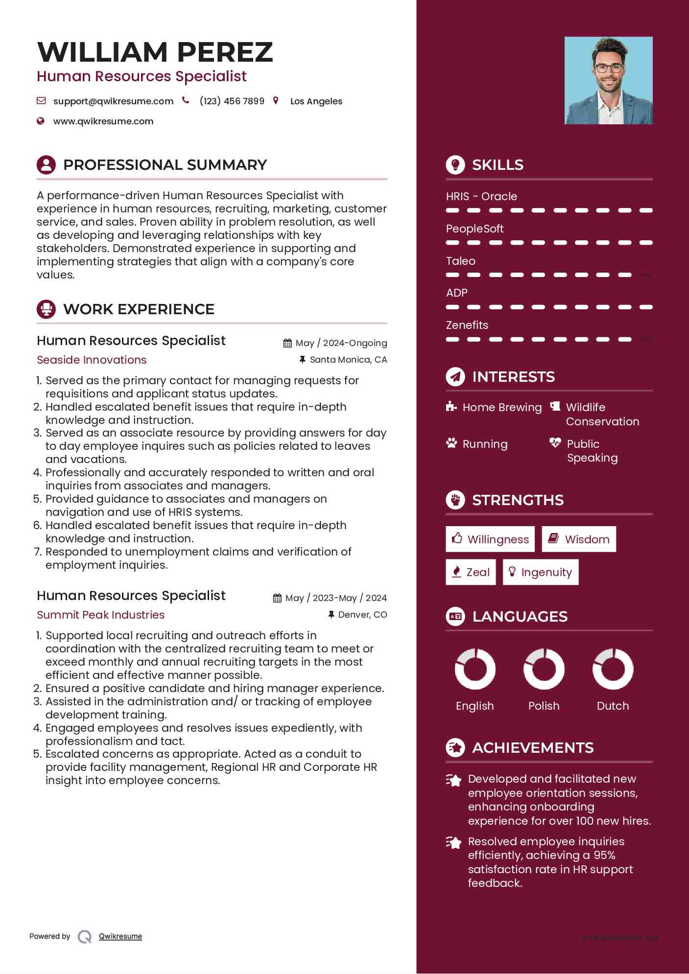 Human Resources Specialist Resume Samples QwikResume