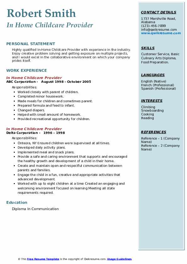 In Home Childcare Provider Resume Samples | QwikResume