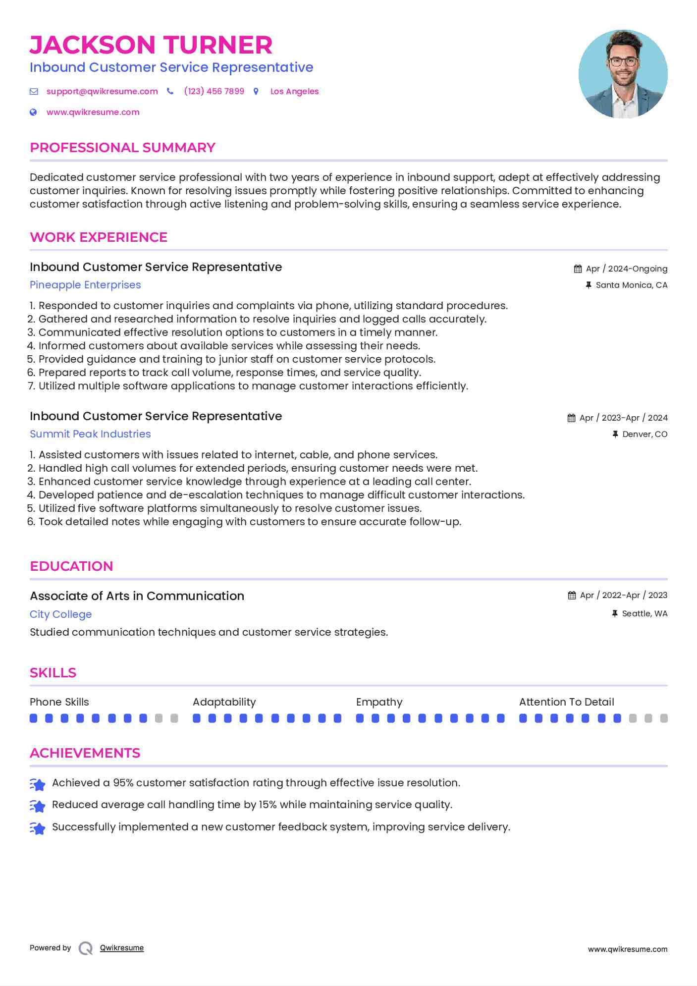 Inbound Customer Service Representative Resume Samples QwikResume