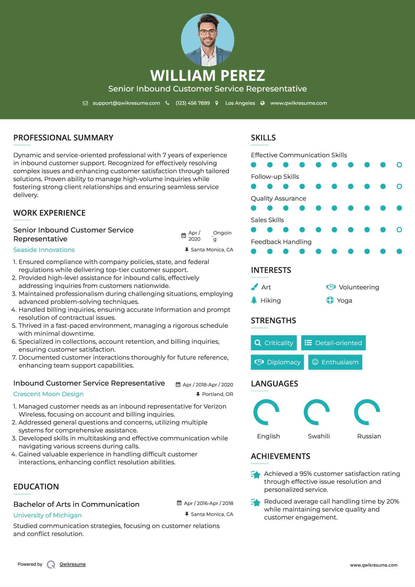 Inbound Customer Service Representative Resume Samples QwikResume