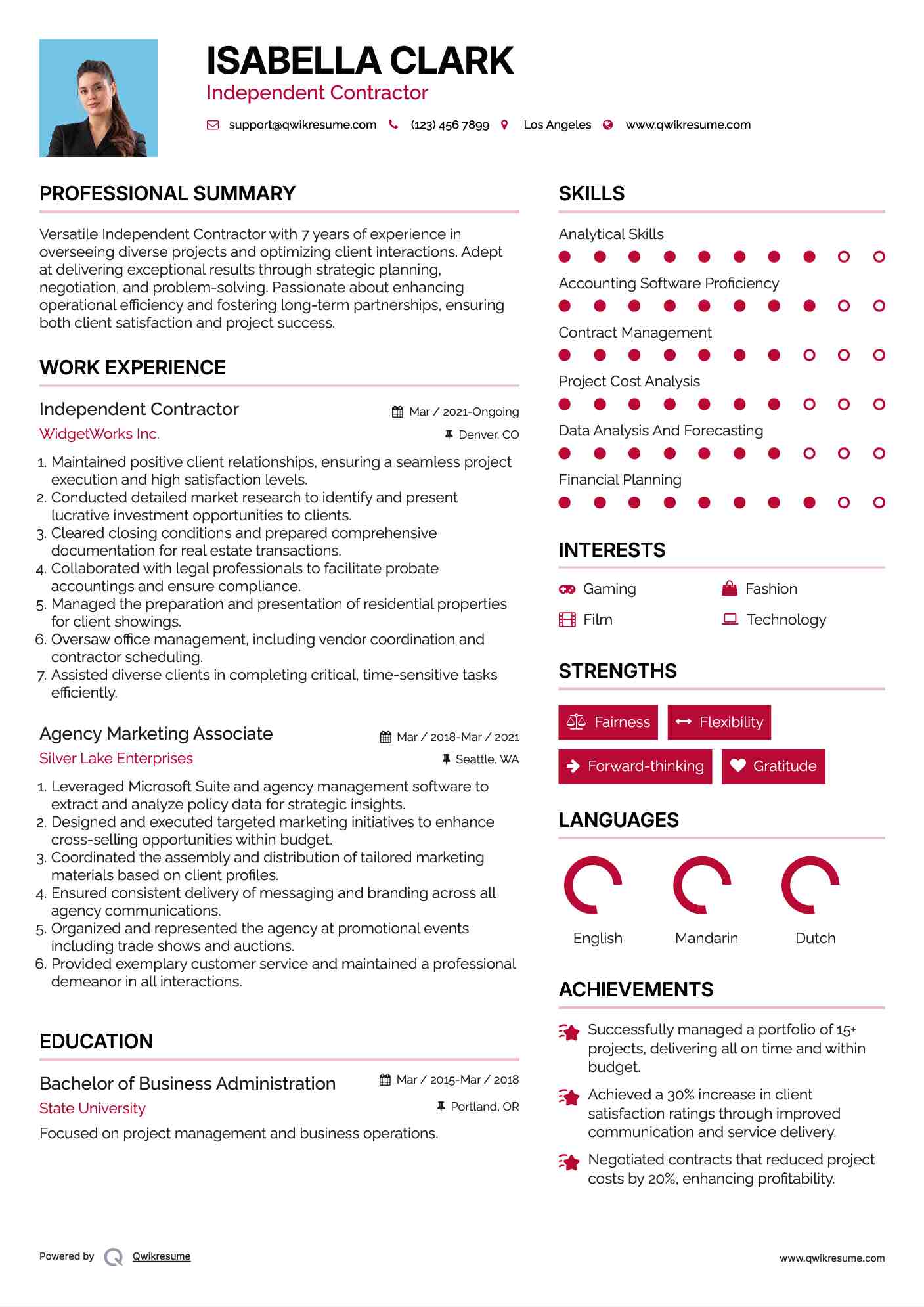 Independent Contractor Resume Samples QwikResume