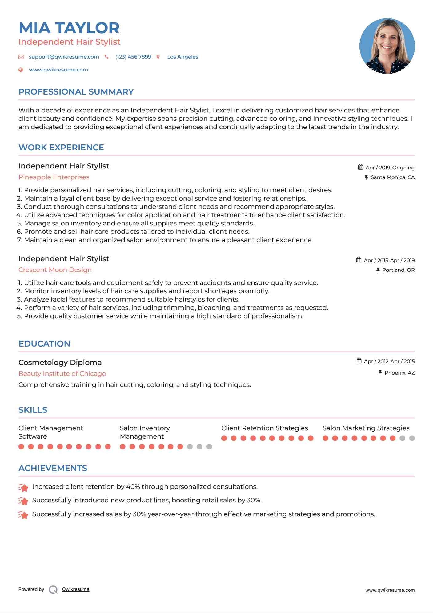 Independent Hair Stylist Resume Samples Qwikresume