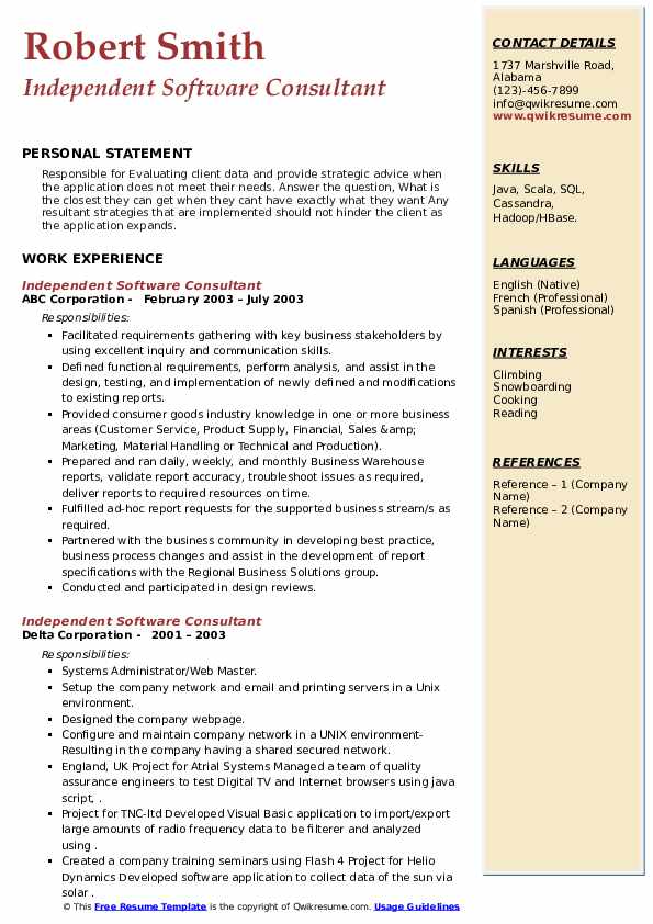 Independent Software Consultant Resume Samples | QwikResume