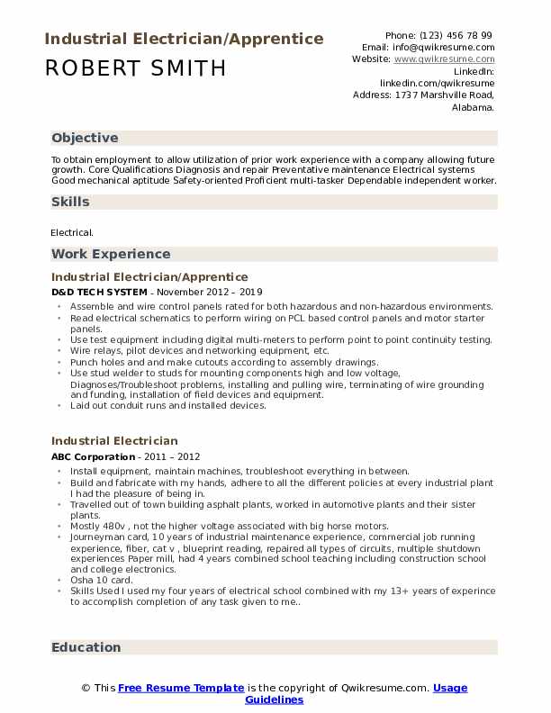 Industrial Electrician Resume Samples | QwikResume