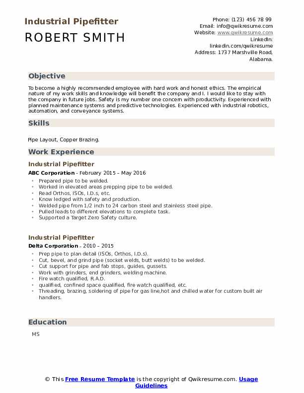 Industrial Pipefitter Resume Samples QwikResume