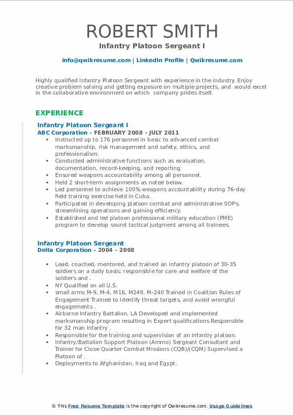 Infantry Platoon Sergeant Resume Samples | QwikResume