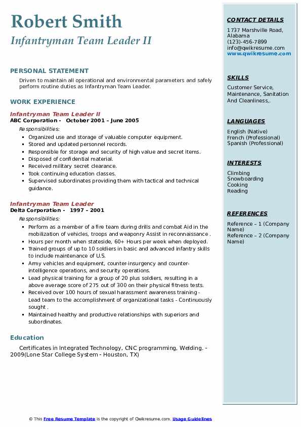 Infantryman Resume