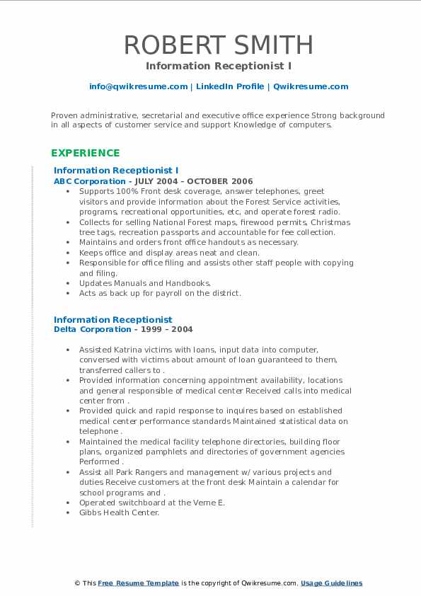 Information Receptionist Resume Samples | QwikResume