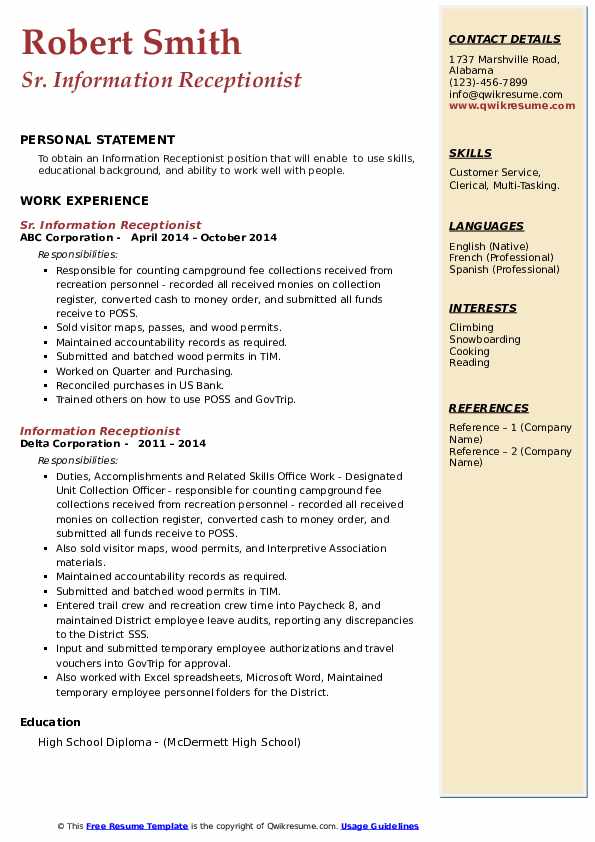 Information Receptionist Resume Samples | Qwikresume