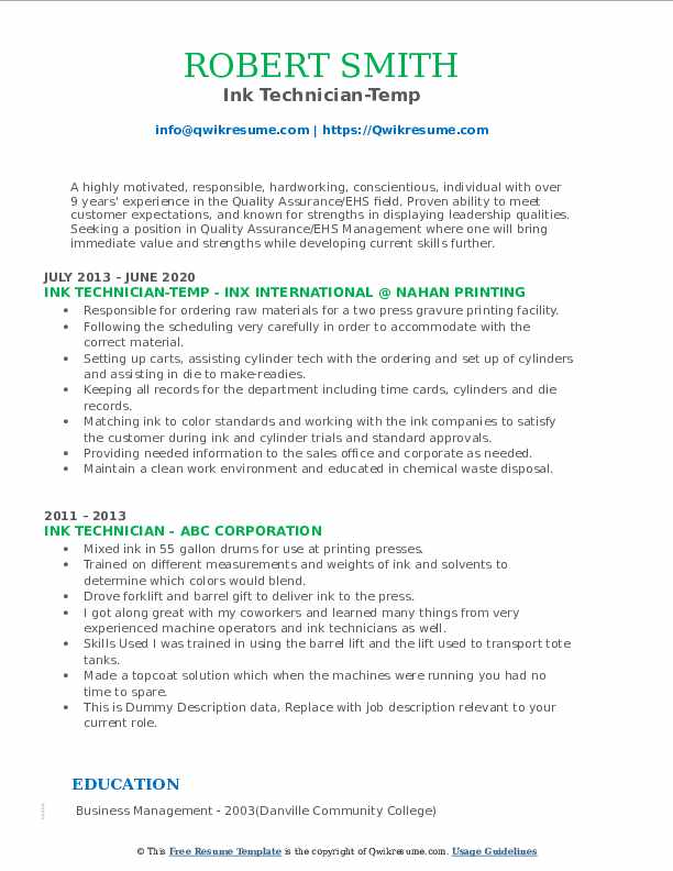 Ink Technician Resume Samples | QwikResume