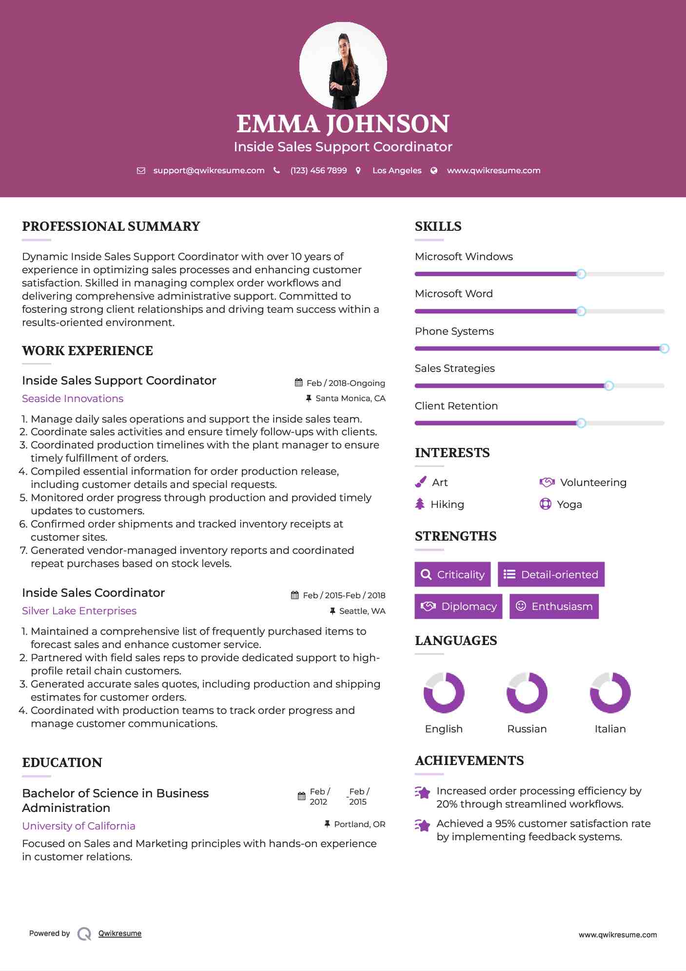 Inside Sales Coordinator Resume Samples QwikResume