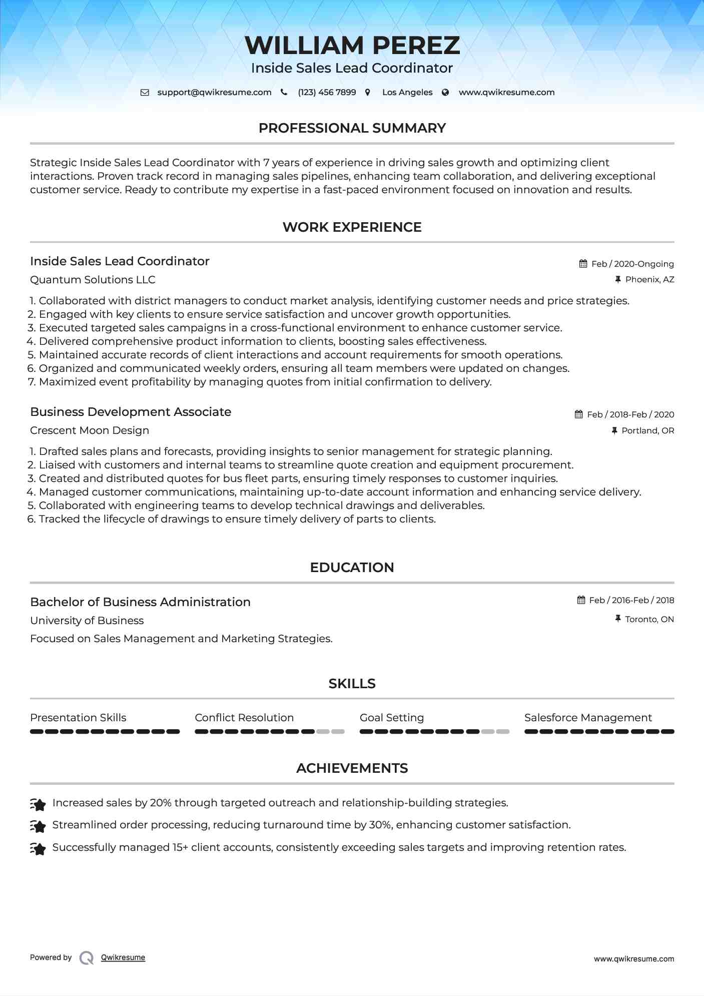 Inside Sales Coordinator Resume Samples QwikResume