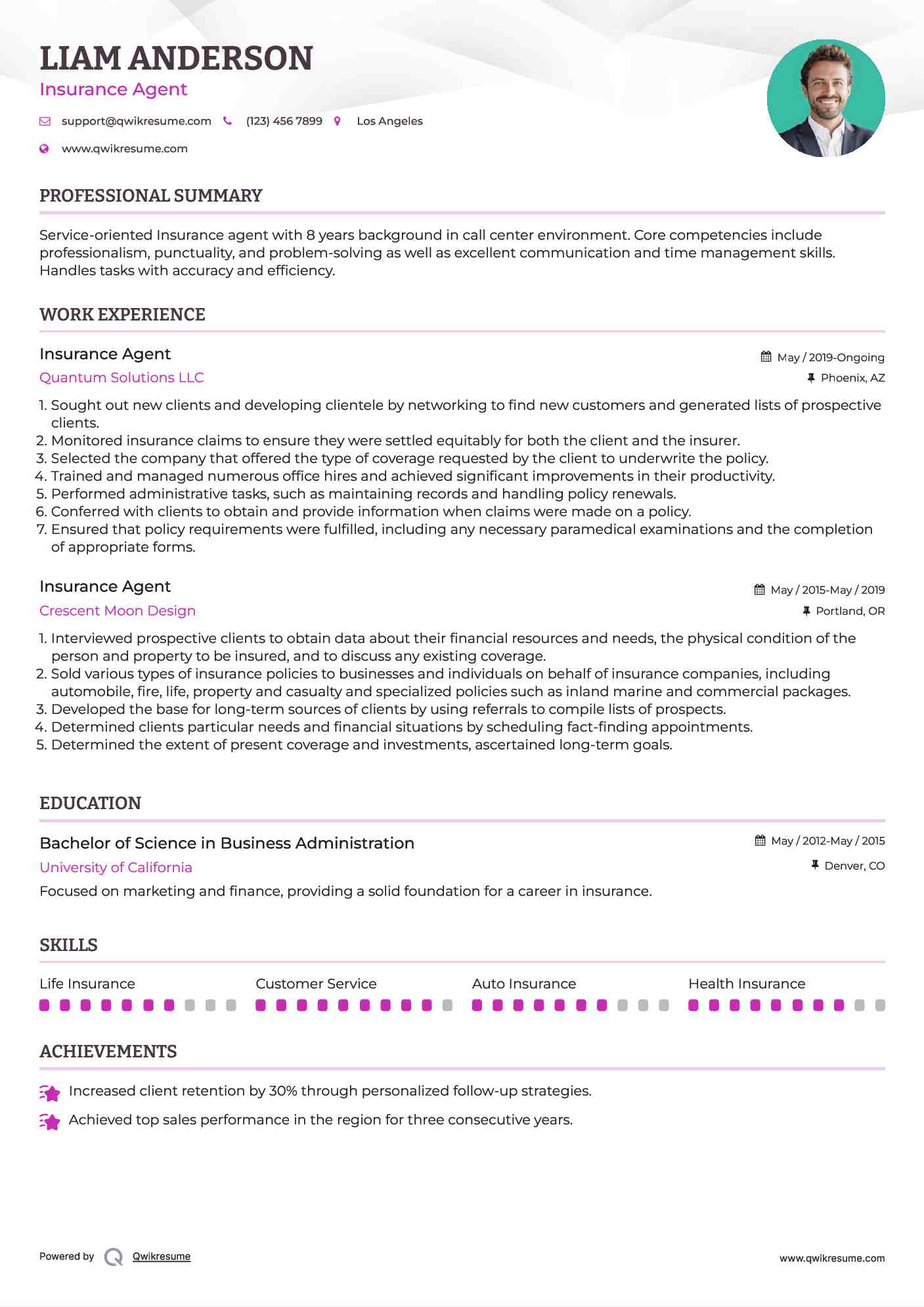 Insurance Agent Resume Samples QwikResume