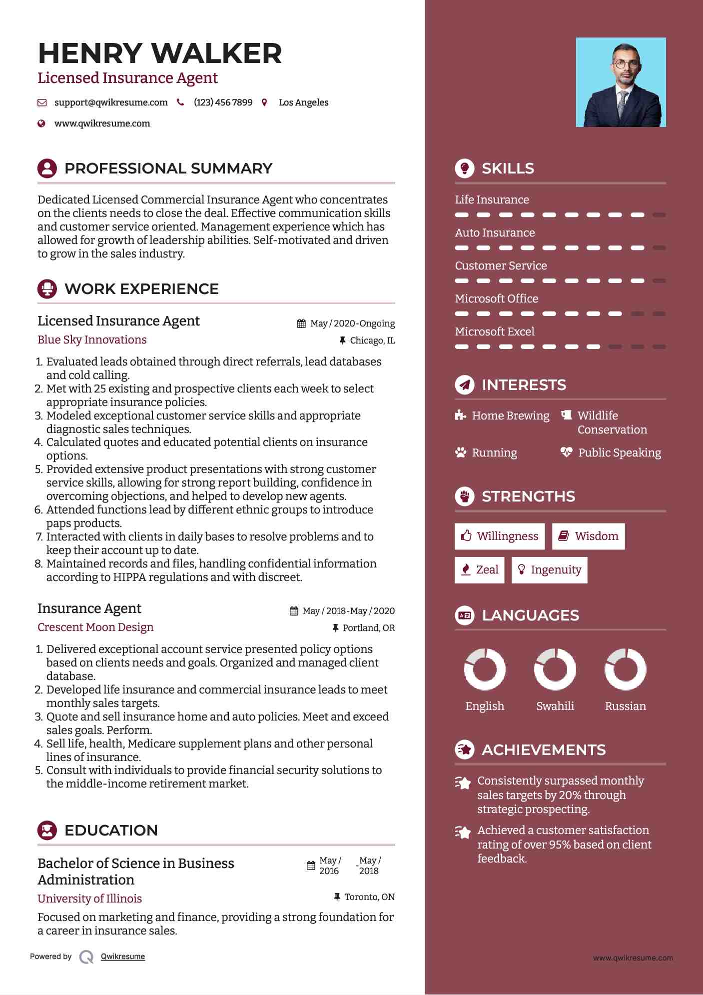 Insurance Agent Resume Samples QwikResume