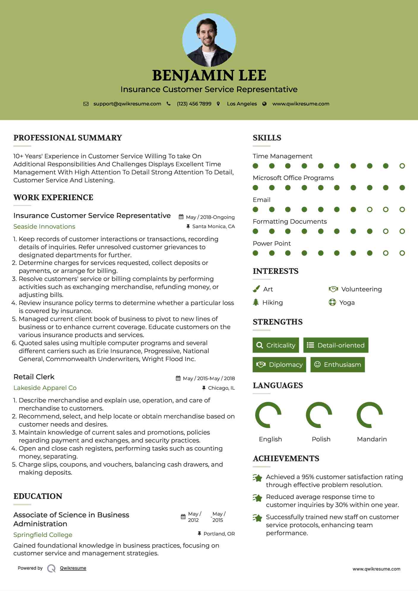 Resume For Insurance Customer Service Representative Customer Service