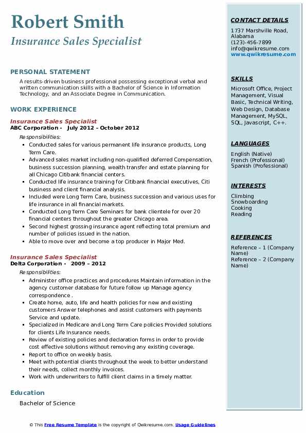 Insurance Sales Specialist Resume Samples | QwikResume