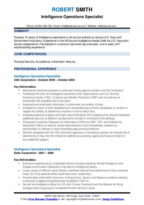 Intelligence Officer Sample Resume