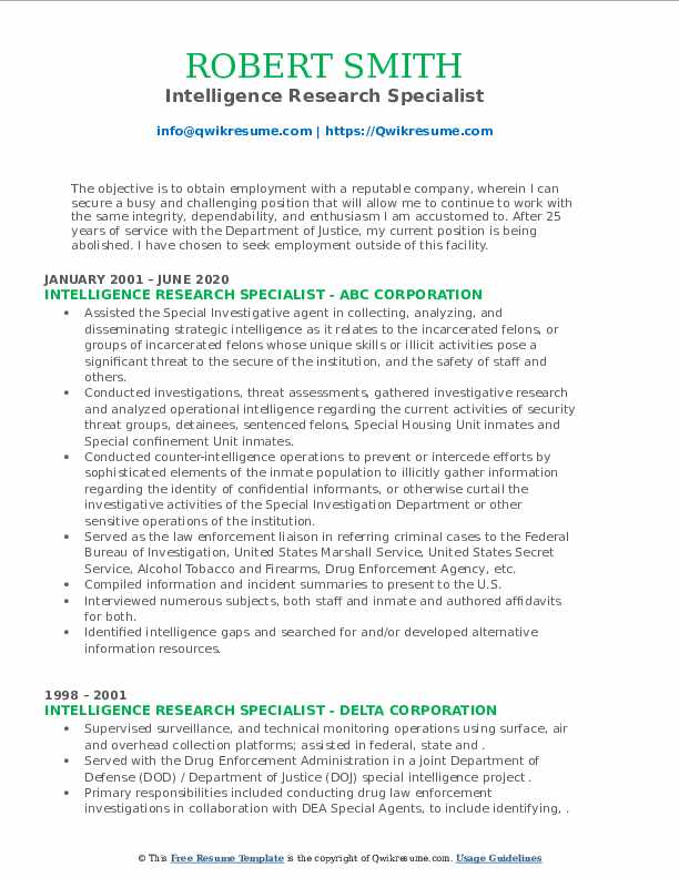 Intelligence Officer Sample Resume