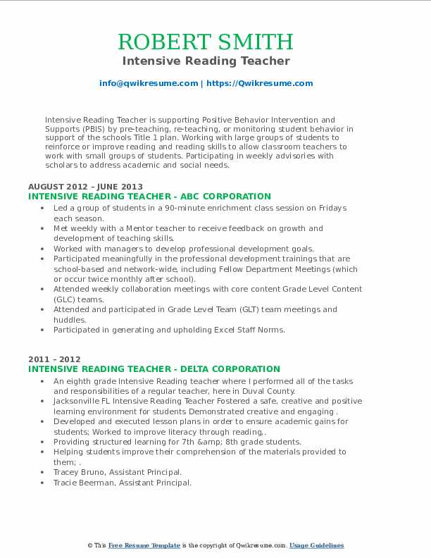 Intensive Reading Teacher Resume Samples | QwikResume
