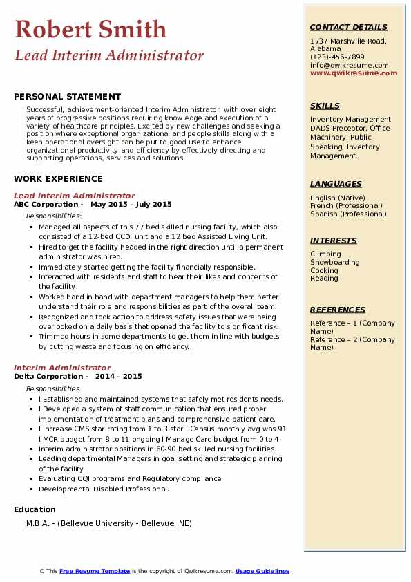 Interim Administrator Resume Samples | QwikResume