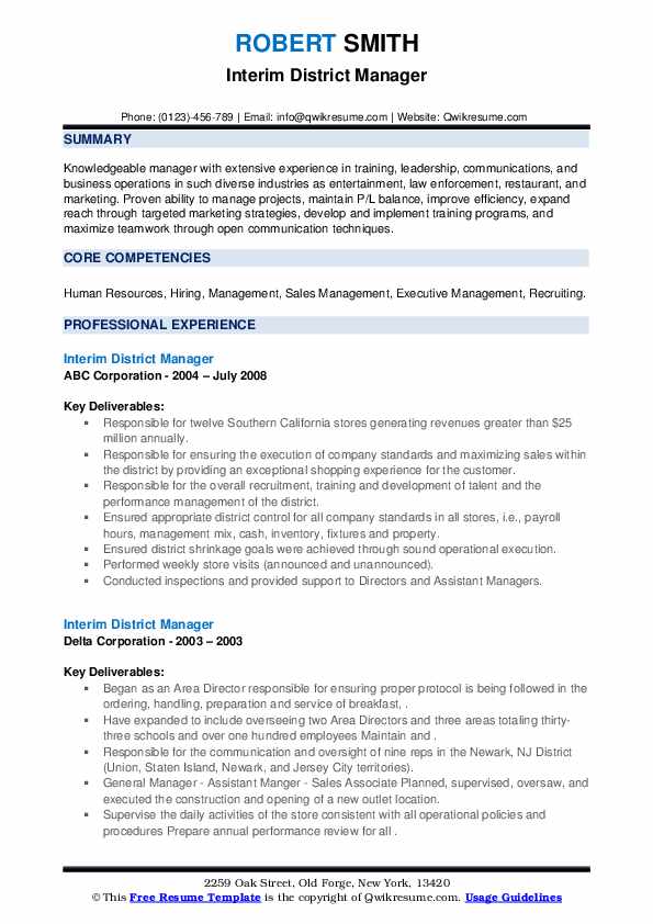 Interim District Manager Resume Samples | QwikResume