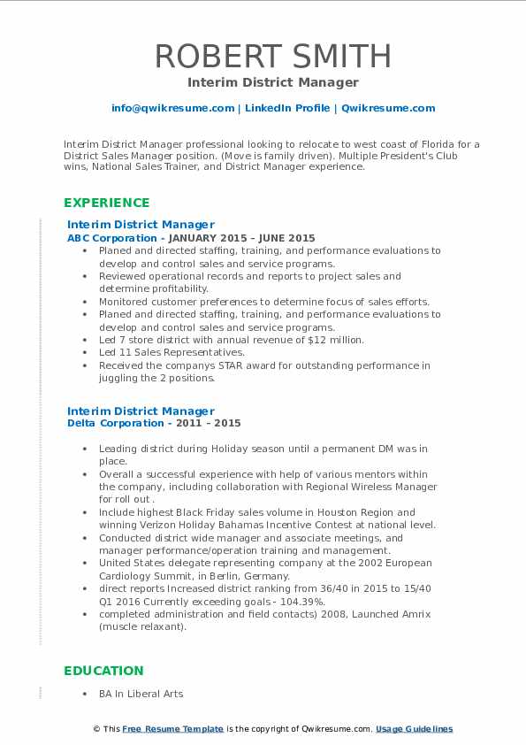 Interim District Manager Resume Samples | QwikResume