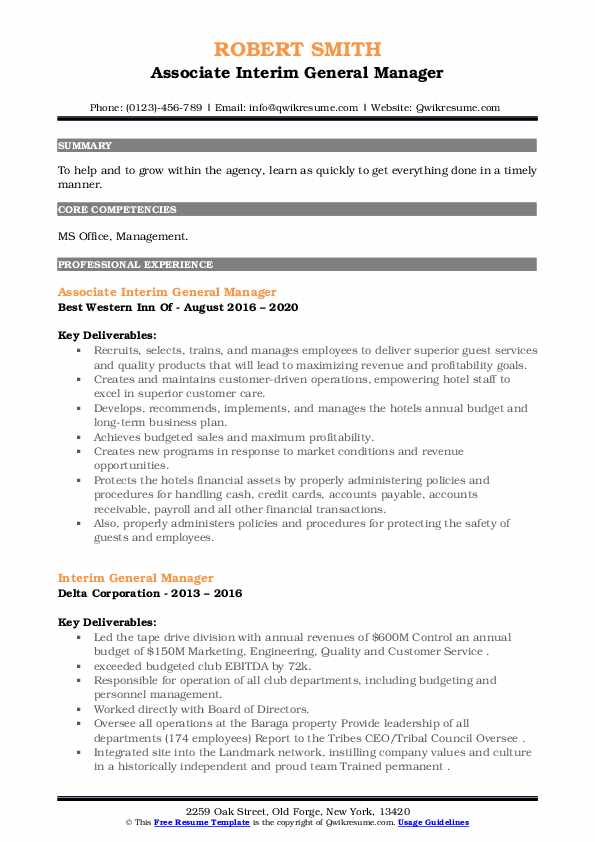 Interim General Manager Resume Samples | QwikResume