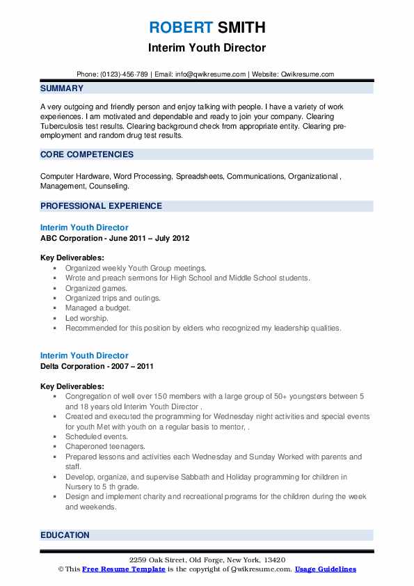 Interim Youth Director Resume Samples | QwikResume