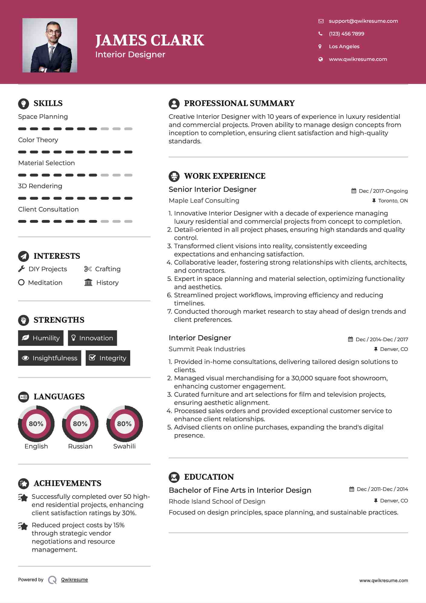 Interior Designer Resume Samples QwikResume