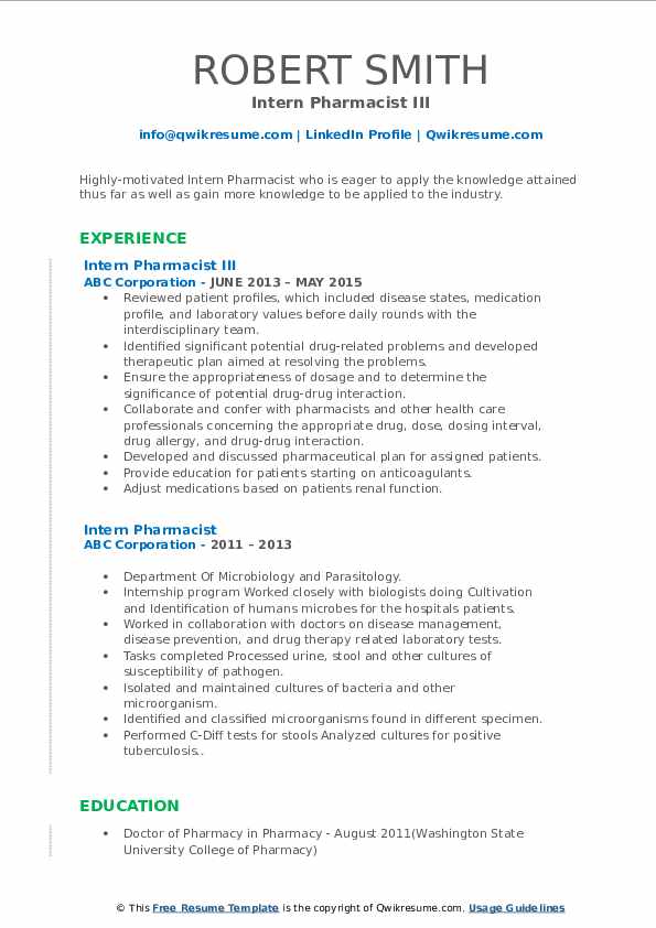 Intern Pharmacist Sample Resume