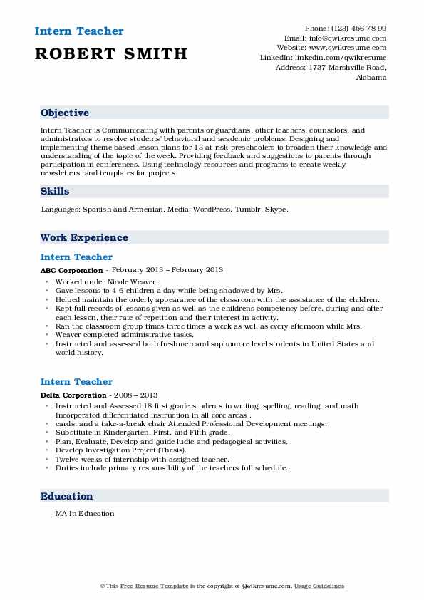 Intern Teacher Resume Samples | QwikResume