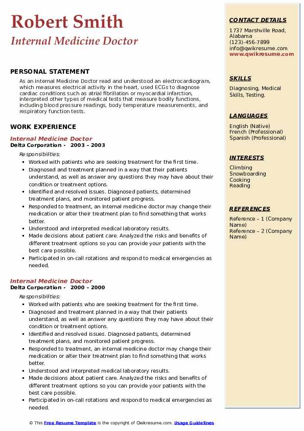 Internal Medicine Doctor Resume Samples | QwikResume