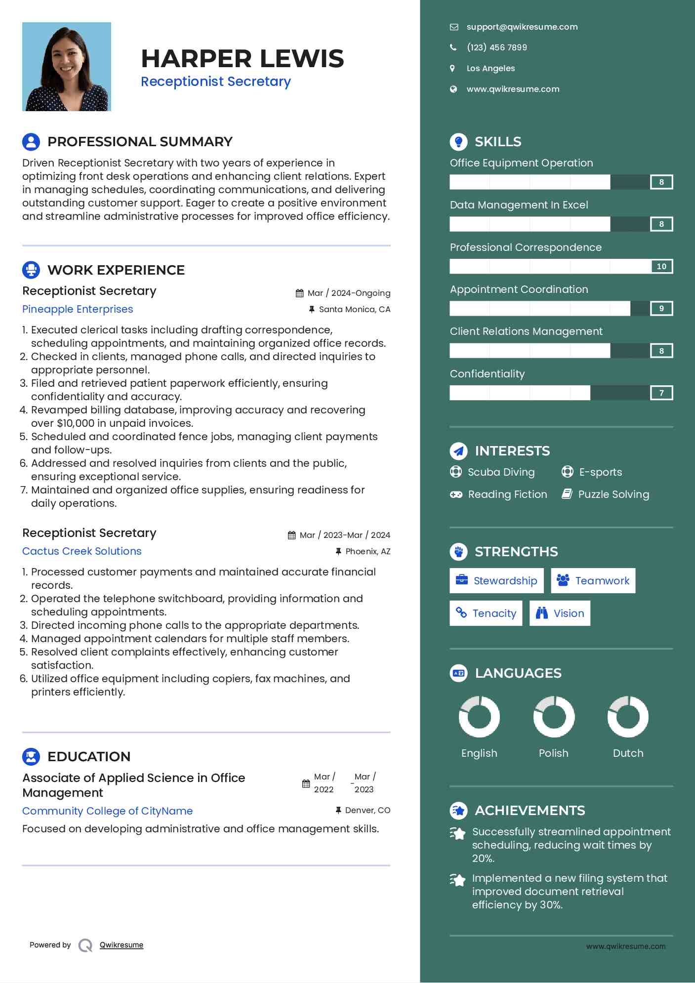 10+ Receptionist Secretary Resume Samples & Templates For 2025